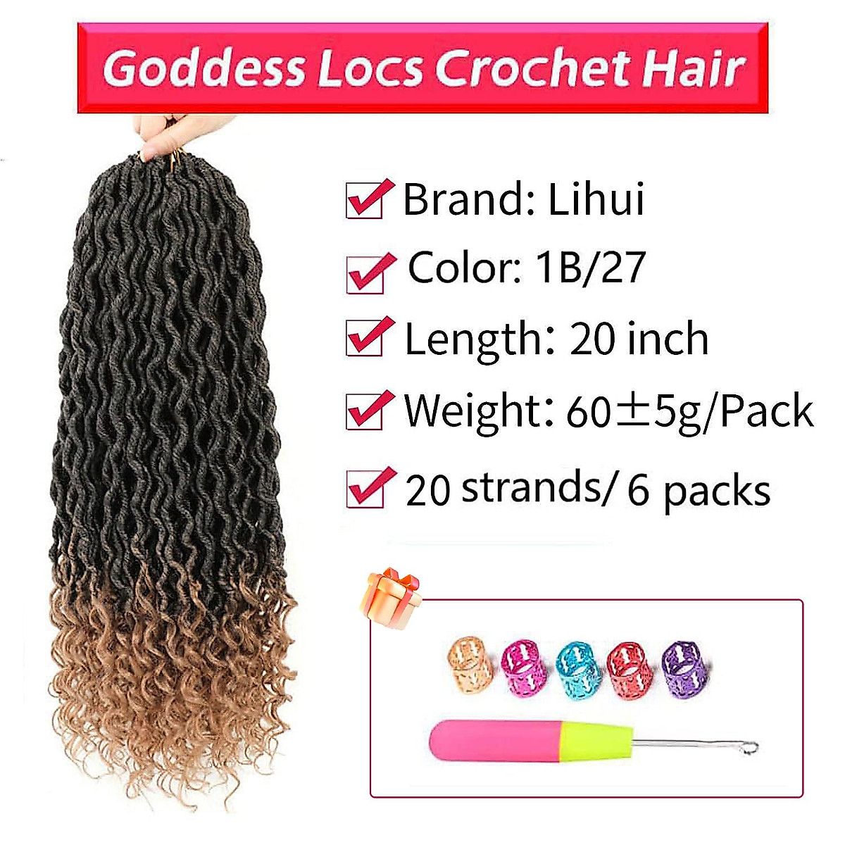 Goddess Locs Crochet Hair 20 Inch 6 Packs Faux Locs Crochet Hair Pre Looped Crochet Locs With Curly Ends Ombre Soft Loc Hair Extensions For Women(20",1b/27, 6packs)