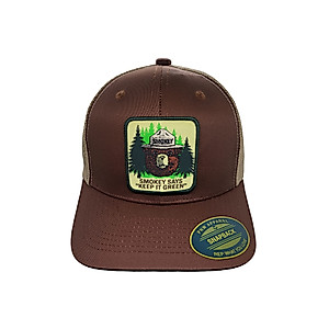 PNW Apparel Smokey The Bear Keep it Green Snapback Trucker Hat with Smokey The Bear Woven Patch (Brown/Tan)