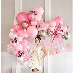 Pink Gold Balloon garland kit 135Pcs Pastel Pink and Gold white balloons for Girl baby shower women Sweet 16/21th Birthday Mother's Day Party Princess theme Decorations