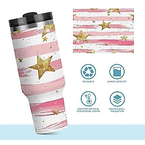 FRCSDIY Striped Stars Insulated Tumbler with Handle and Straw Lid,40oz Leakproof Stainless Steel Cup BPA-Free Water Bottle