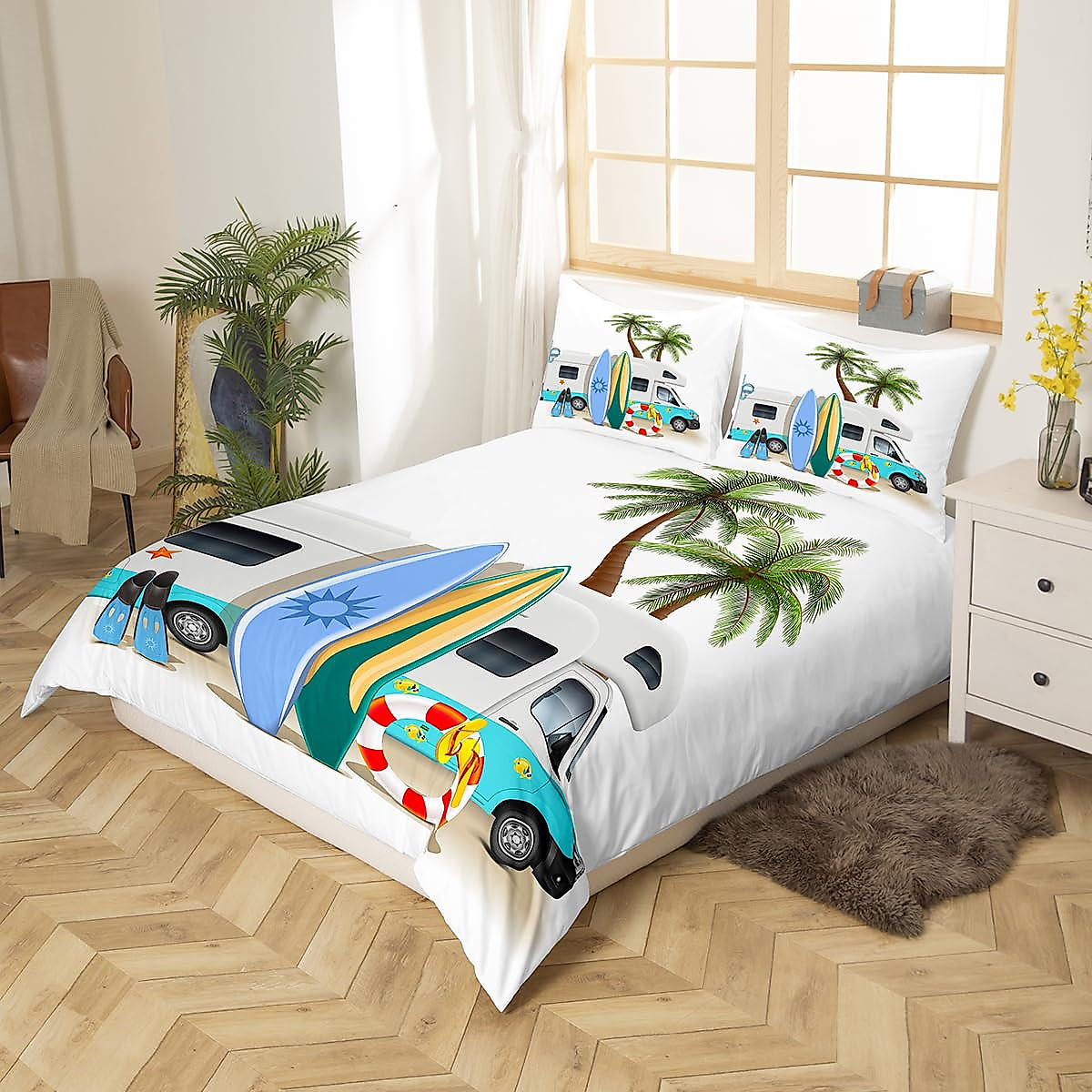 Erosebridal Surf Duvet Cover Beach Printed Hawaii Vacation Theme Bedding Set for Adult Women Girls Family Tropical Botanical Fish Printed Coconut Tree Decor Comforter Cover with Zipper Ties, King