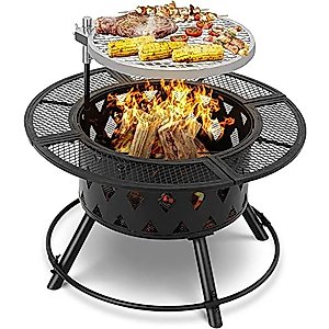 Garden Fire Pit Outdoor 32" Wood Burning Outdoor Party BBQ Fire Pit Backyard with 18.5In Cooking Grill Outdoor Portable Fire Bowl Metal Firepit
