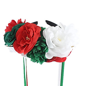 aoozleny Mexican Flower Crowns Headband, Headpiece for Halloween Festival Party (Red-White-Green)