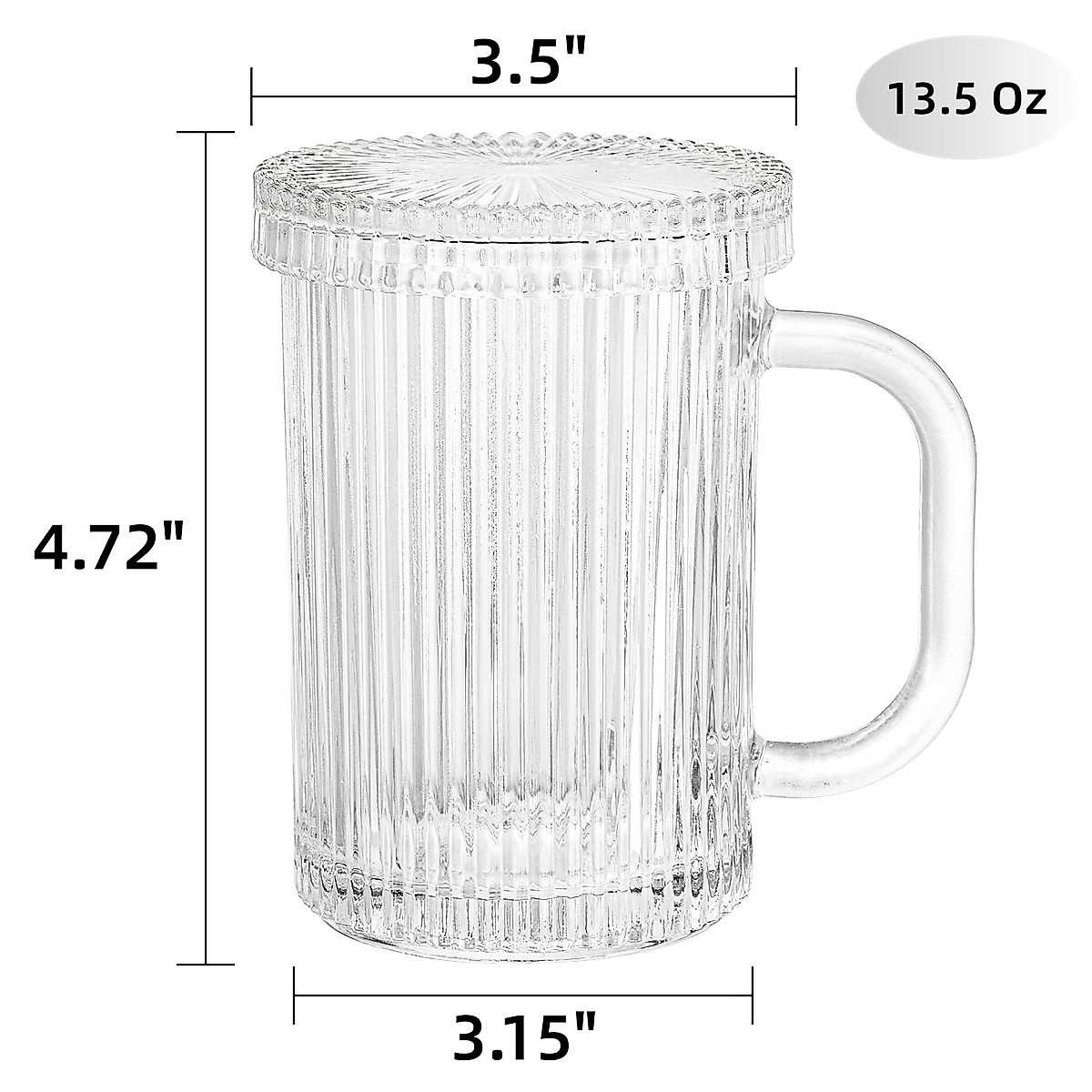 Noamus 2 Pack Coffee Mugs with Glass Lid, 13 oz Clear Ribbed Vertical Stripes Tea Cup, Premium Classic Drinking Glassware Set for Hot Cold Beverage, House Warming Christmas Anniversary Birthday Gift