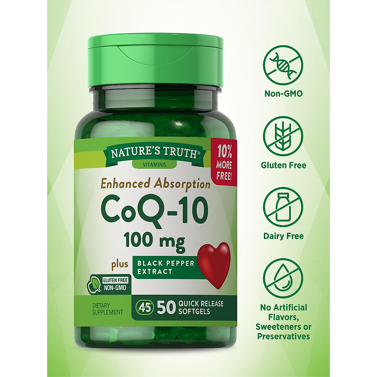 CoQ10 100mg | 50 Softgels | Enhanced Absorption Supplement | Plus Black Pepper Extract | Non-GMO and Gluten Free Formula | by Nature's Truth
