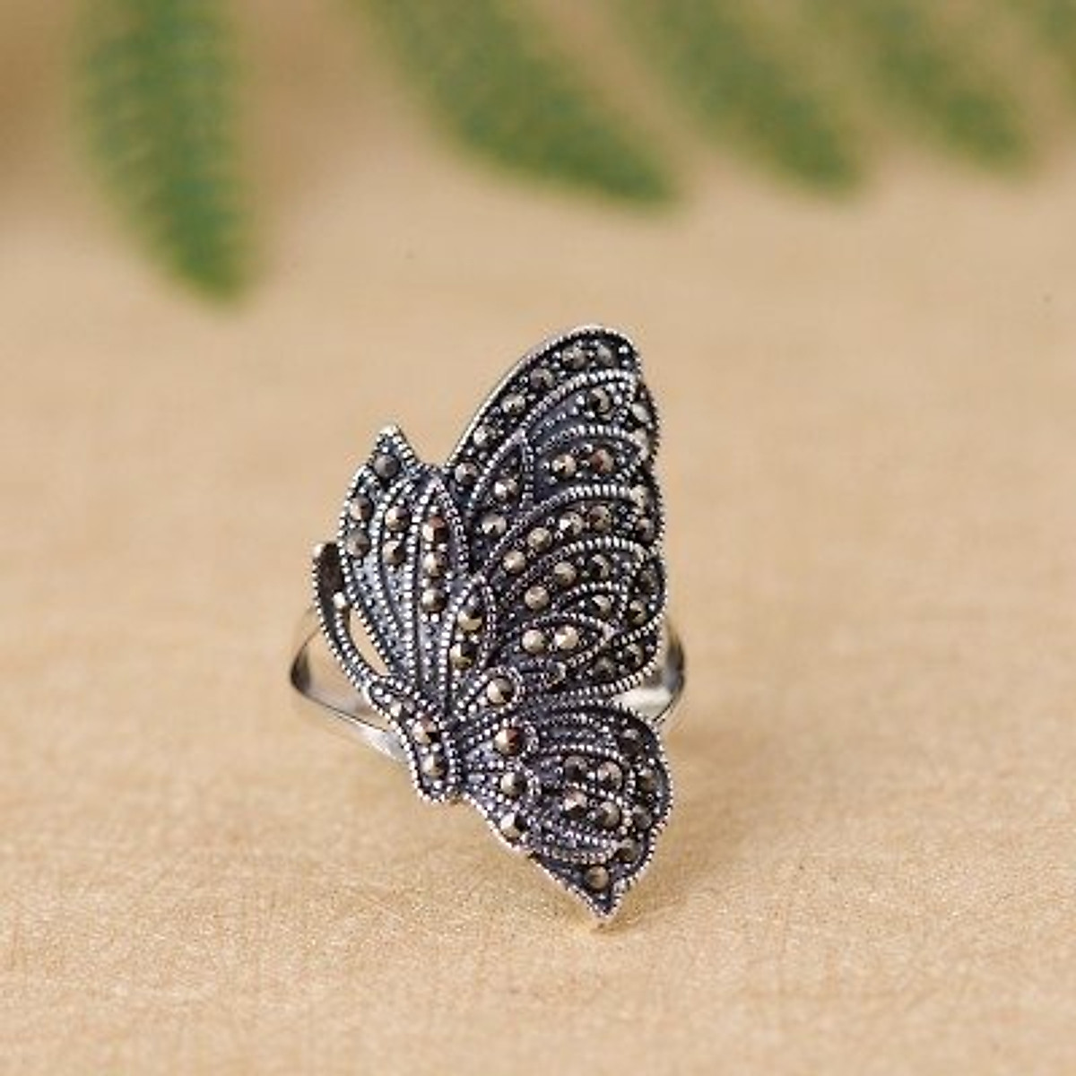 Retro 925 Sterling Silver Butterfly Ring with Marcasite Stones for Women Size 9