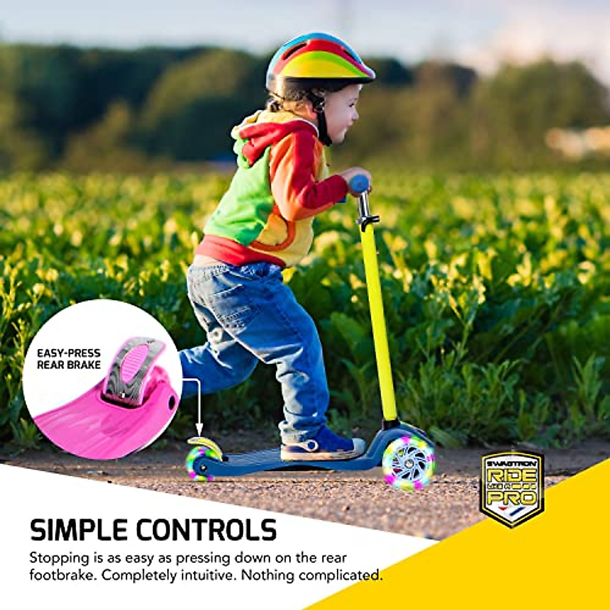 Swagtron K5 3-Wheel Kids Scooter with Light-Up Wheels | Quick Assembly | ASTM-Certified | Height-Adjustable for Boys or Girls Ages 3+ (Blue)