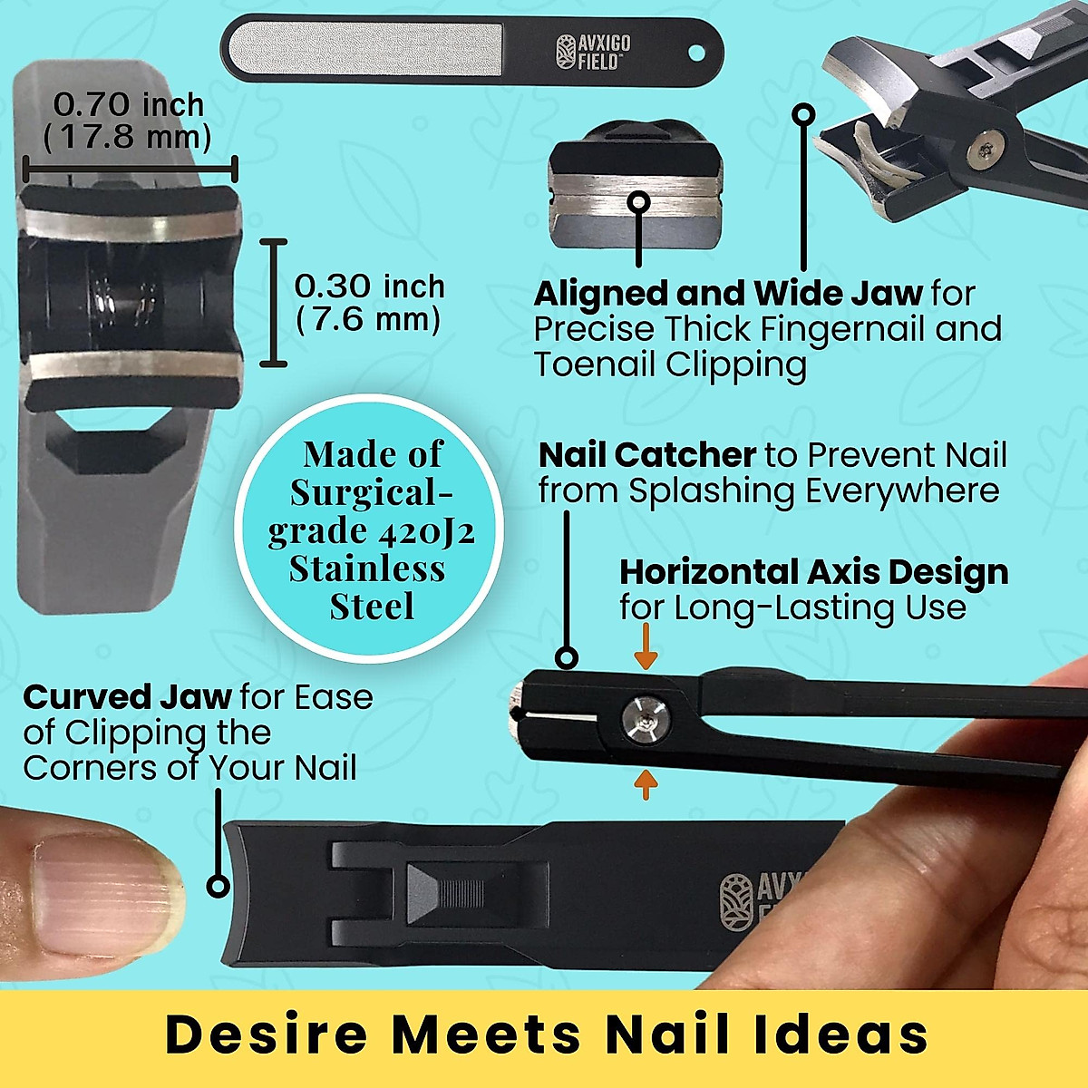 AVXIGO FIELD Ultra Sharp Sturdy Nail Clipper w/Catcher & Safety Lock, Wide Jaw Opening Curved Blade, Thick Fingernail Toenail Cutter - Comes w/Nail File, Microfiber Cloth & PU Leather Case (Black)