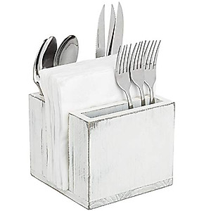 MyGift Vintage White Solid Wood Napkin Holder and Utensil Holder with 3 Compartments, Buffet Napkin and Flatware Holder Caddy