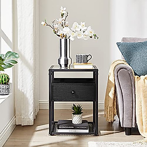 VECELO Bedside End Table, Modern Nightstand with Drawer, Night Stand for Living Room Bedroom, Tempered Glass, Black