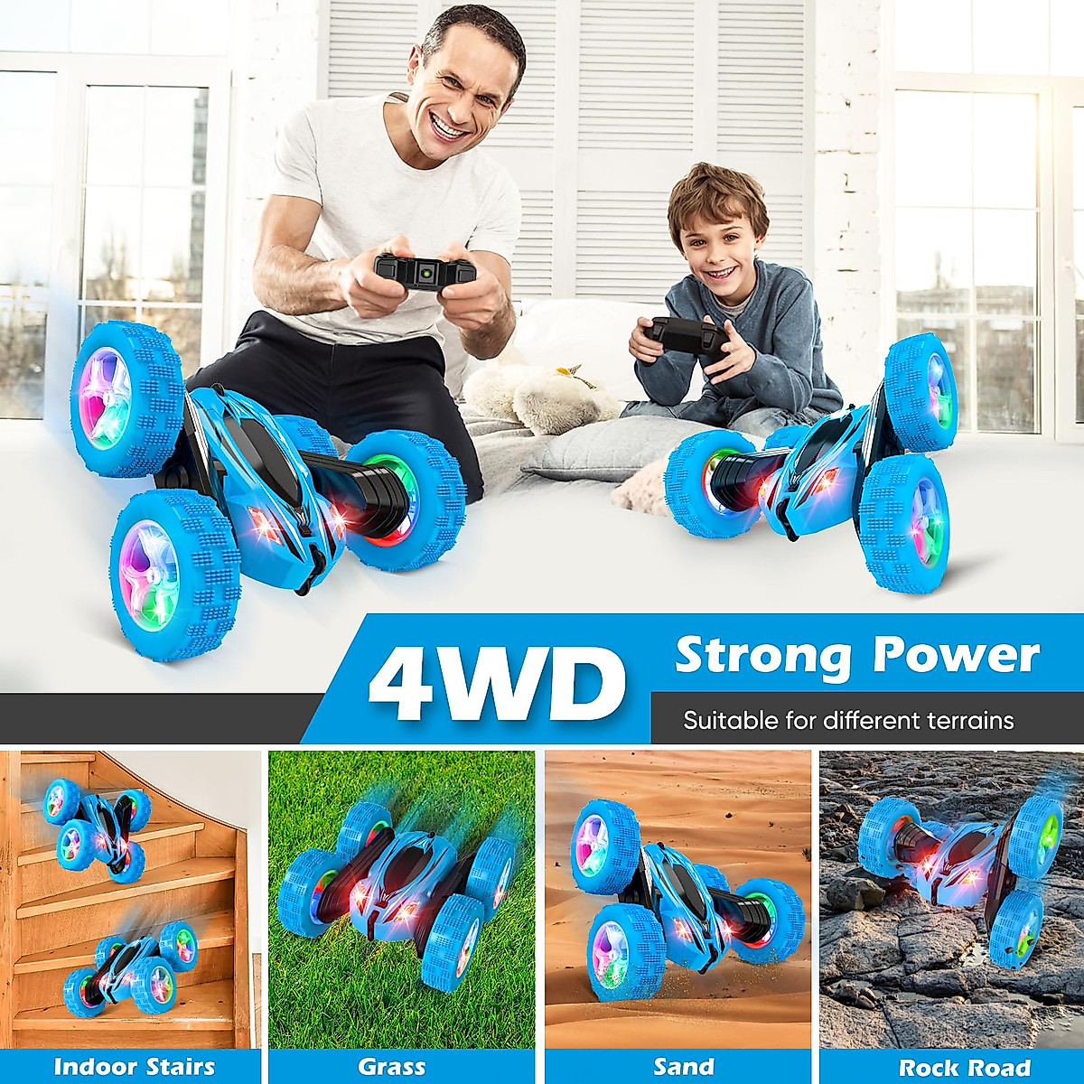 Qumcou Remote Control Car,RC Cars Toys for Boys,2.4Ghz High Speed Kids Toys Cars with Headlights and Wheel Lights,Christmas Birthday Gifts for Boys Age 6-12（Blue