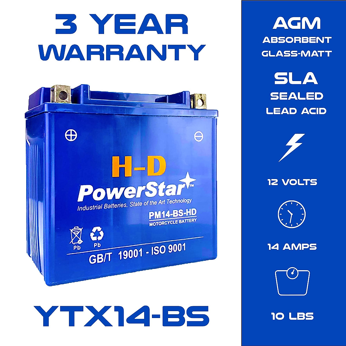 PowerStar YTX14 BS ATV Battery High Performance - Maintenance Free - Sealed AGM YTX14-BS Motorcycle Battery compatible for Honda TRX FL 350 400 500 650 Rancher Foreman