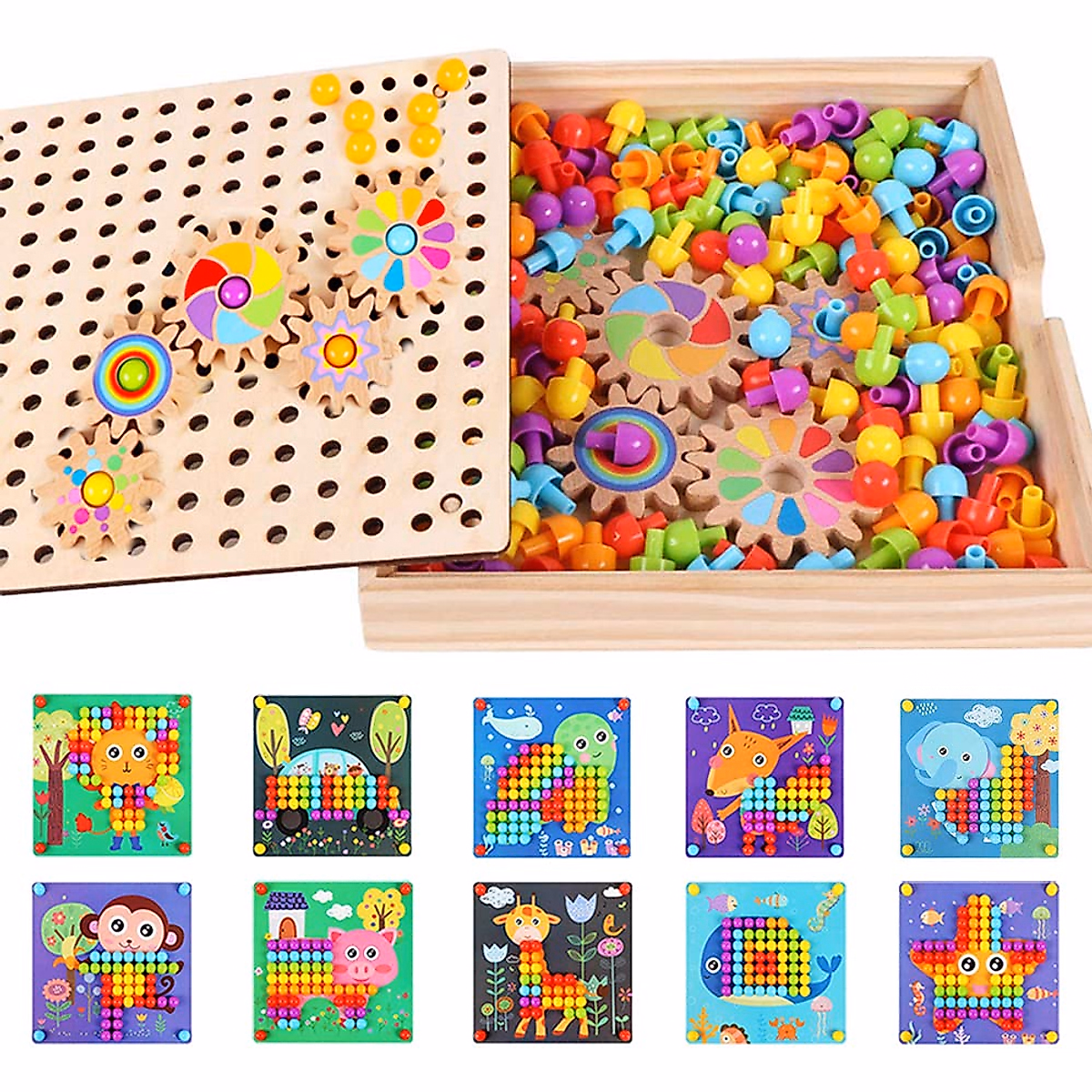 KUSARKO Wooden Peg Board Toys, 2 in 1 Color Matching Mosaic Pegboard, Button Art Toys for Toddlers, Early Learning Educational Toys for Boys & Girls (180 Pcs)