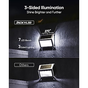 JACKYLED 7 LED Outdoor Solar Lights 8 Pack, 3-Side Lighting Solar Fence Lights, Waterproof Outside Solar Powered Deck Lights for Garden Backyard Patio Pathway Step Stair Deck Fence, Cool White