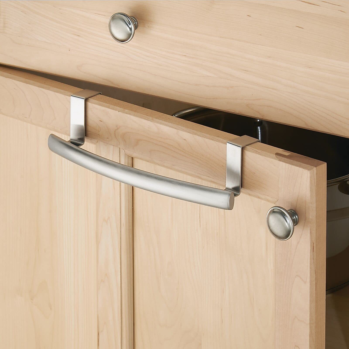 mDesign Steel Over Door Curved Towel Bar Storage, Hanger for Cabinet or Cupboard, Holder Rack for Kitchen, Bathroom - Holds Hand/Dish Towels, Washcloths - Spira Collection - 2 Pack - Brushed Chrome