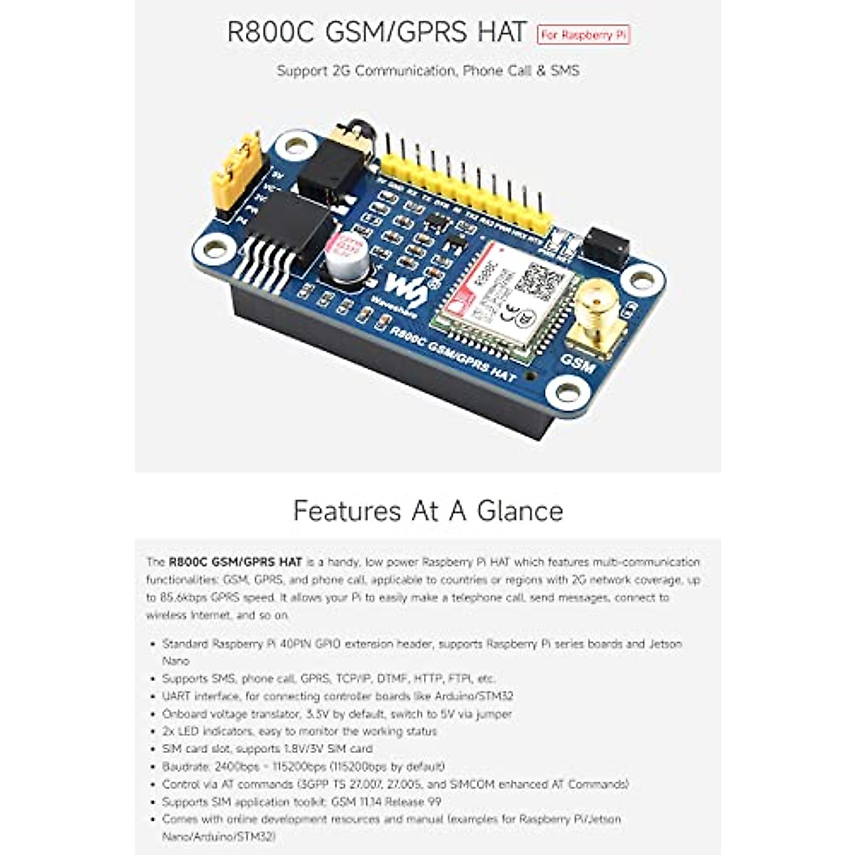 Waveshare R800C GSM/GPRS HAT Compatible with Raspberry Pi and Jetson Nano, Support 2G Communication Phone Call and SMS