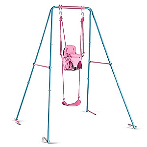 Kiriner Swing Set Outdoor Swings for Kids Toddlers with Waterproof Metal A-Frame, 4 Anchors, Two Swing Seats Swing Sets for Backyard Playground Pink&Blue