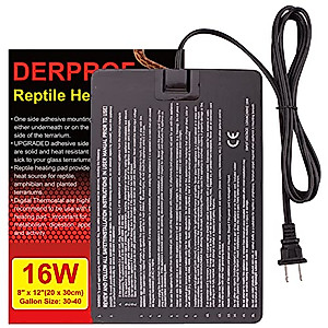 DERPROF Reptile Heating Pad - 16W Under Tank Heater Heat Mat for Reptiles Turtle Bearded Dragon Hermit Crab Leopard Gecko Snake Tank Acessories 8 X 12 Inch