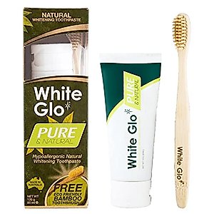 White Glo Pure & Natural Hypoallergenic Natural Whitening Toothpaste incl. Eco Friendly Bamboo Toothbrush
