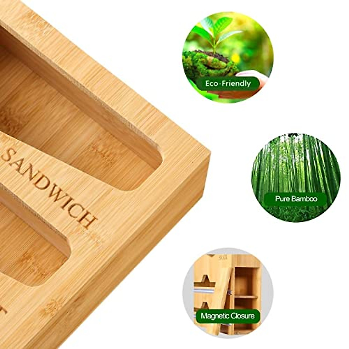 THE AJ STORE Storage Bag Organizer: 6-in-1 Bamboo Slider Bag Dispenser for Kitchen Drawer with Aluminum Foil and Wrap Cutter, Compatible with Ziploc Hefty Glad Solimo - Gallon Quart Sandwich Snack