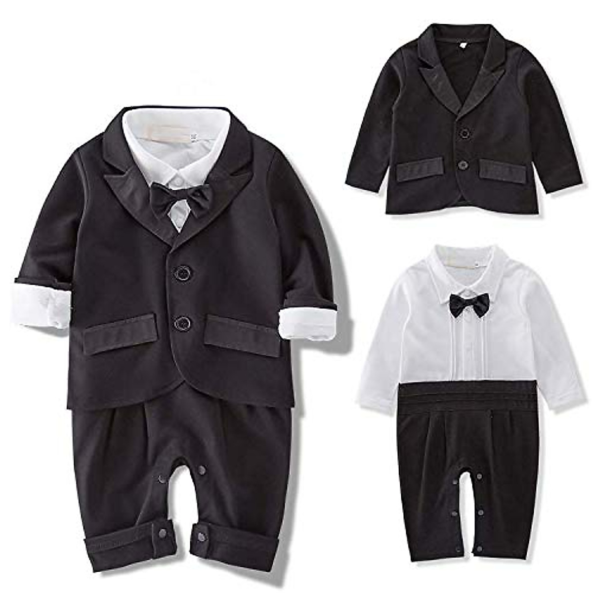 Bilo Store Newborn Infant Baby Boys Tuxedo Bow Tie Jumpsuit Romper and Black Jacket 2-pc Formal Wear Suit 3-6 Months