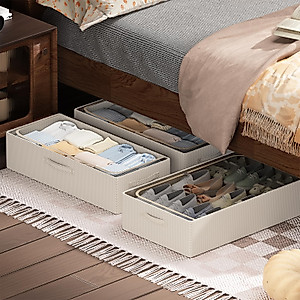 3Pcs Under Bed Storage Bins with Metal Frame - Shoe Organizer for Closet with Clear Cover Oxford Fabric Sturdy Underbed Container Foldable Stackable Clothes Organizer (Beige, 23.5x11.8x6.3)