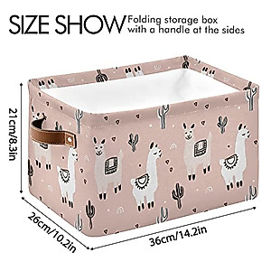 Cartoon Llama Alpaca Cactus Storage Bin Canvas Toys Storage Basket Bin Large Storage Cube Box Collapsible with Handles for Home Office Bedroom Closet Shelves,2 pcs