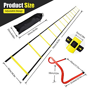 12 Rung Agility Training Ladder Kit – with A Carry Bag, Extra 5pcs of 6 Inch Speed Hurdles– All Purpose Football Soccer Agility Training Fitness Equipment