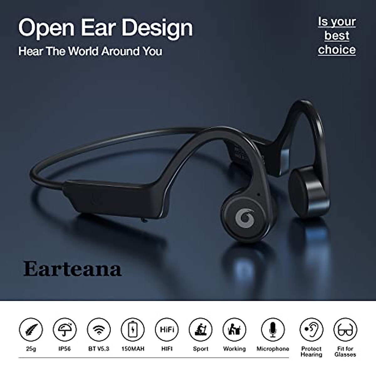 EARTEANA Bone Conduction Headphones, Open-Ear Bluetoth Sport Headset, Wireless Earphone/Earbuds Built-in Mic for Work Out, Running, Hiking, Bicycling, Driving (Black)