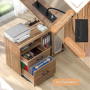 Unikito 55 Inch Executive Desk and Lateral File Cabinet, L Shaped Office Desk with Power Outlet and USB Port, Large Computer Table Home Office Furniture with Drawers and Storage Shelves, Rustic Walnut