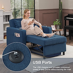 DURASPACE 39 Inch Sleeper Chair 3-in-1 Convertible Chair Bed Pull Out Sleeper Chair Beds Adjustable Single Armchair Sofa Bed with USB Ports, Side Pocket, Cup Holder (Navy Blue Linen)