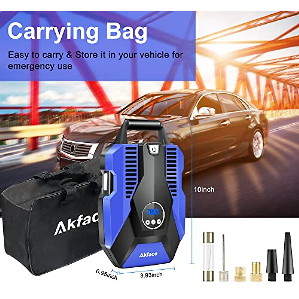 Akface Tire Inflator Portable Air Compressor 150 PSI, 12V DC Air Pump with Carring bag - w/LED Light- Auto Shut Off Feature, Air Pump for Car,Bike,Balloon, Blue