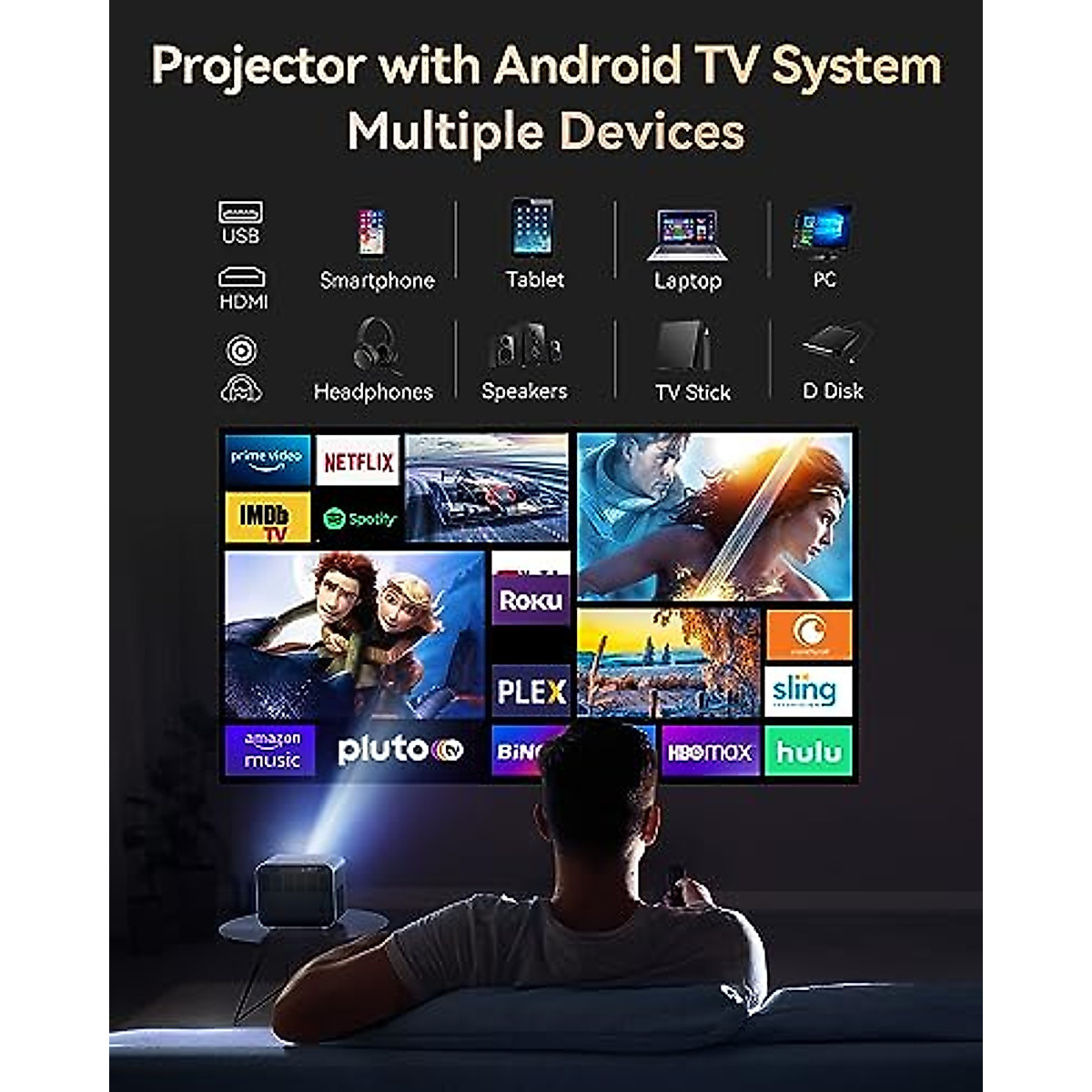 Projector 4K with WiFi and Bluetooth, SUREWHEEL Auto Focus 20000Lumens 800ANSI Outdoor Movie Projector, Native 1080P Portable Projector, 50% Zoom Home Theater Proyector for iOS/Android/TV Srick/PC