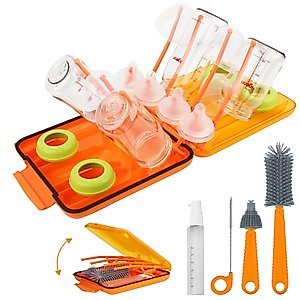 Rrwin Bottle Brush Cleaner Kit with Baby Bottle Drying Rack, Exendable Silicone Bottle Brush, Nipple Brush, Straw Brush, Soap Dispenser & Storage Box. Compact Size for Babies and Moms,Orange