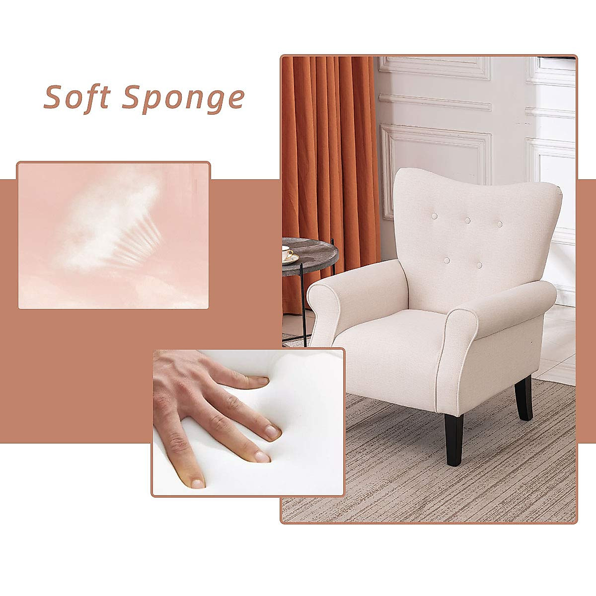 YOLENY Modern Accent Chair,High Back Armchair,Upholstered Fabric Button Single Sofa with Wooden Legs for Living Room,Bedroom,Club,Beige