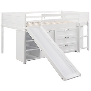 MERITLINE Twin Loft Bed with Slide, Kids Loft Bed with Storage Shelves and Drawers, Wood Low Loft Bed with Cabinet, Twin Size Loft Bed Frame for Living Room, Bedroom (White, New)