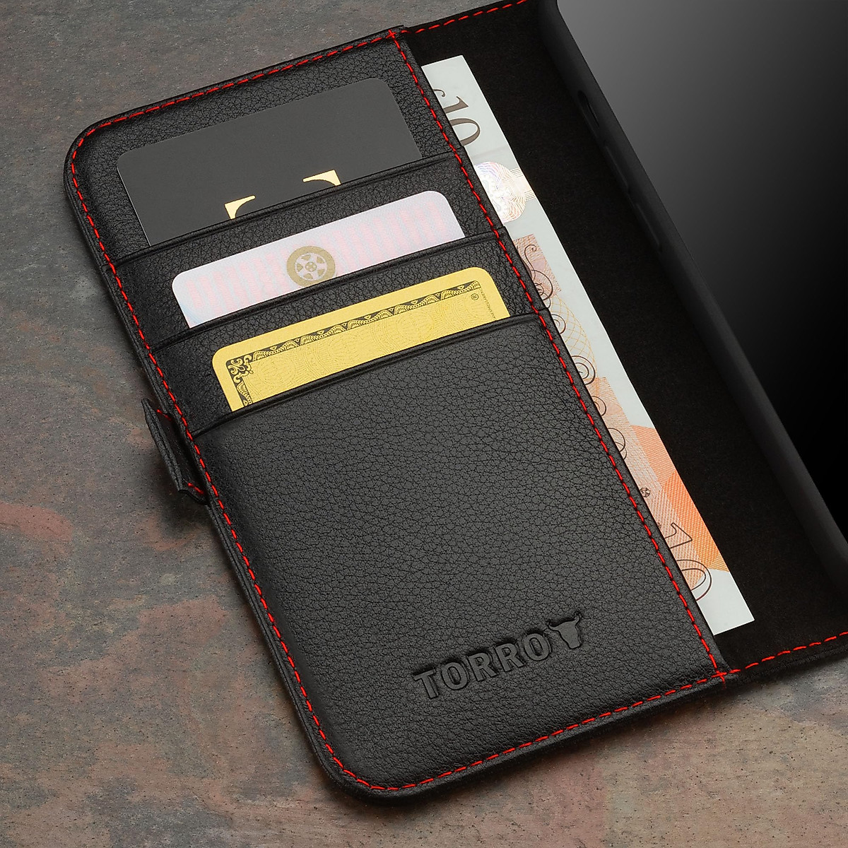 TORRO Premium Leather Case Compatible with iPhone 15 Pro 6.1" – Genuine Leather Wallet Flip Folio Case with Kickstand and Card Slots (Compatible with Official MagSafe Chargers) - Black