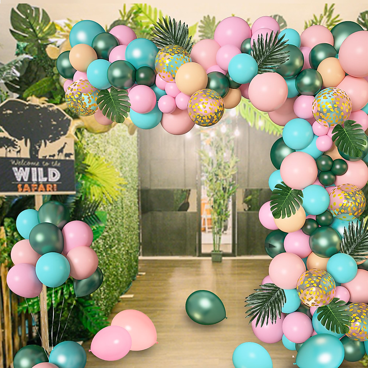 140Pcs Jungle Safari Theme Birthday Party Supplies, Tropical Balloon Garland Arch Kit Decorations Pink and Green Balloons Tropical Leaves Kids Girl Hawaii Wild One Baby Shower Birthday Party Supplies