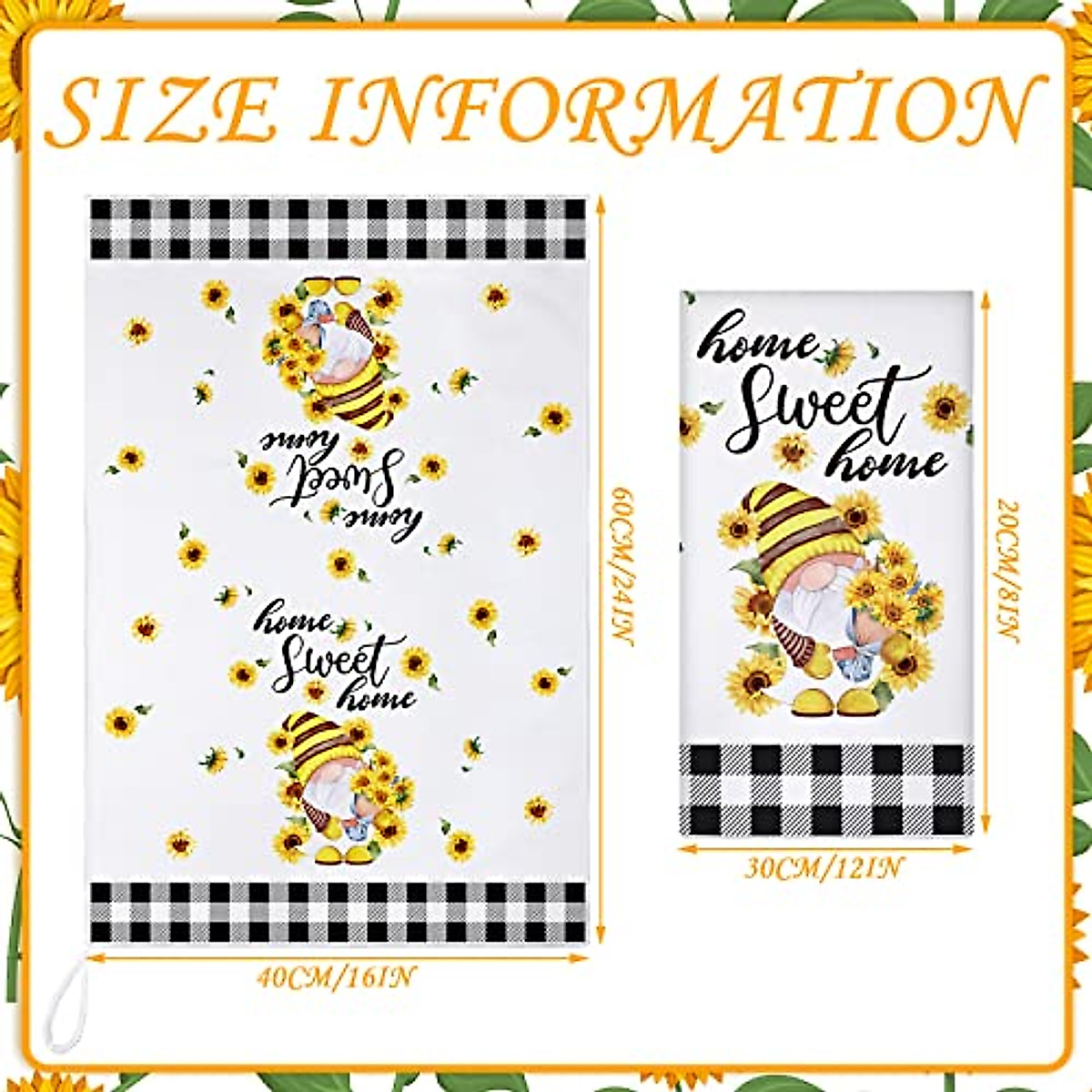Kajaia 4 Pcs Bee Sunflower Kitchen Towels Summer Gnome Dish Towels Watermelon Lemon Tea Towels Sunshine Hand Towels Absorbent Plaid Towels for Bathroom Housewarming Gifts (Sunflower)