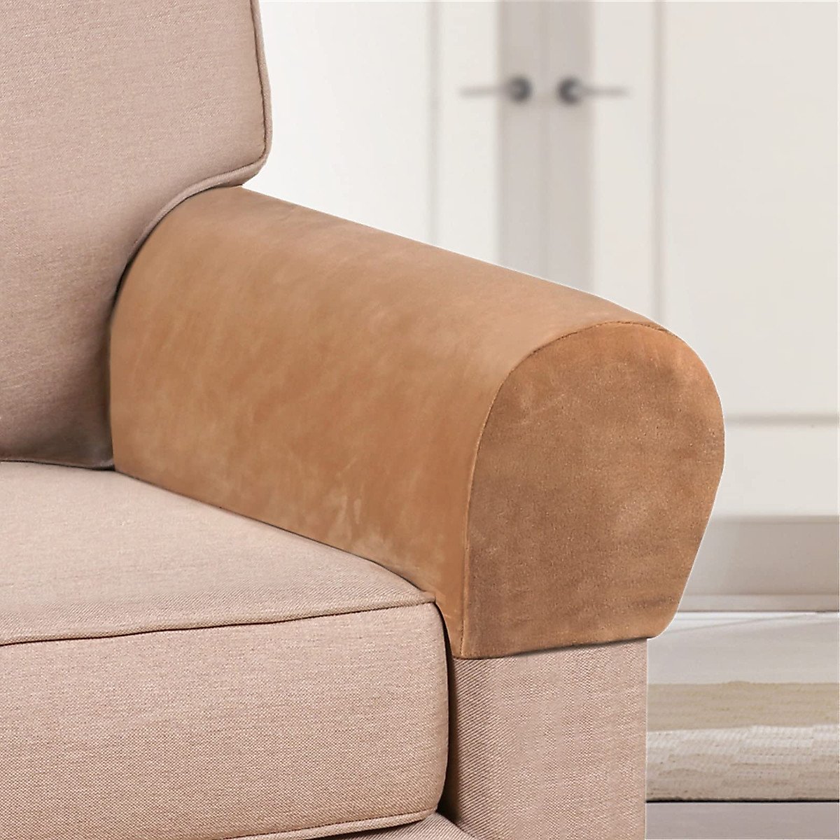 GAMUKAI Stretch Velvet Armrest Covers Spandex Anti-Slip Arm Covers for Chairs Sofa Armchair Slipcovers for Recliner Sofa 2pcs (Leather)