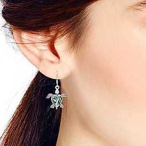 AeraVida Love Life Sea Ocean Turtle Heart Abalone Shell Sterling Silver Dangle Earrings