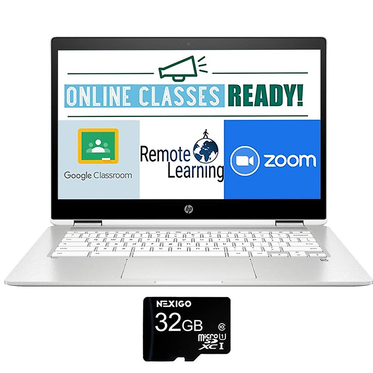 HP 2021 Chromebook 14 Inch Touchscreen 2-in-1 Laptop with Webcam, Intel Celeron N4000 up to 2.6 GHz, 4GB RAM, 32GB eMMC, Bluetooth, USB Type-C, Chrome OS + NexiGo 32GB MicroSD Card Bundle