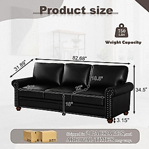 JEEOHEY Faux Leather Sofa Couch,82" Mid Century Modern Couch with Storage Place,Oversized 3 Seater Sofa with Nailhead Trim&Rolled Arm,Deep Seat Comfy Couch for Living Room,Apartment,Office(Black)