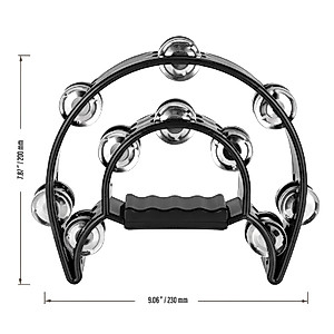 MUKLEI 4 Pack 9 Inch Double Row Tambourine, Half Moon Musical Tambourine, Metal Jingles Hand Held Percussion Drum with Ergonomic Handle Grip for KTV, Party, Gift, Black