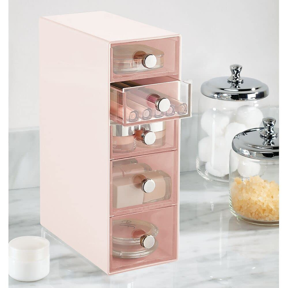 mDesign Plastic 5-Drawer Organizer for Makeup Storage - 5-Tier Storage Organizer - Stackable Organization with Pull-Out Drawers for Bathroom, Vanity, or Desk - Lumiere Collection, Light Pink/Clear