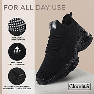 CLOUDAIR Women's Vesta Casual Fashion Sneaker - Slip-On Sock Women's Running Shoes - Air Cushion, Non-Slip & Breathable Platform Sneakers for Walking - Lightweight Girls Sneakers, Black, 9 UK