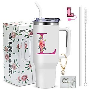 AiHeart 40oz Initial Tumbler,Personalized Gift for Women,Sister,Wife,Best Friend,Monogrammed Gifts for Birthday, Christmas,Custom Tumbler,Cute Tumbler with Straws-L