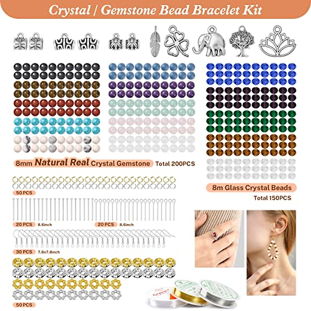 UnityStar 535pcs Bracelet Making Kit, Stone Beads for Jewelry 8mm Crystal Natural Gemstone Bracelets Earrings Necklaces Rings DIY, Gift Couples Lovers (UT0032A)
