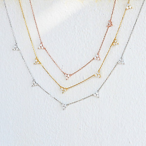 espere Sterling Silver Triple Cubic Zircon Stones Cluster Choker Chain Necklace 14-16 Inch, 3 Colors Available (Yellow Gold)