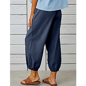 Acesulu Summer Linen High Waist Yoga Pants Drawstring Wide Leg Cropped Pants Trousers with Pockets for Women (0099-NavyBlue-XL)